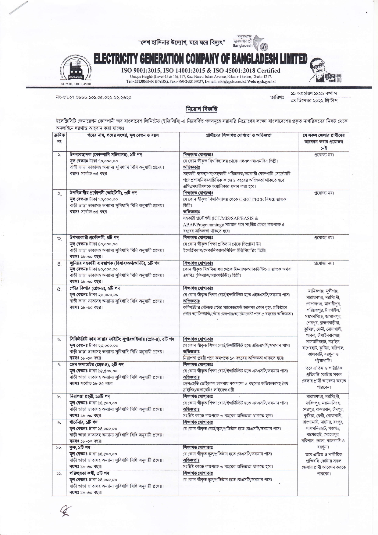 Electricity Generation Company of Bangladesh Job Circular 2022 - Edaning