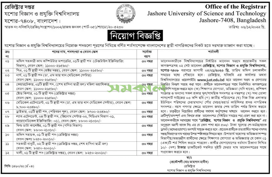 Jessore University of Science and Technology Job Circular 2022 - Edaning