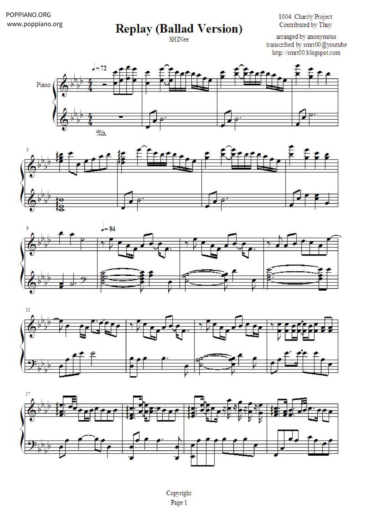 SHINee-Replay Sheet Music pdf, -リプレイ 楽譜 - Free Score Download ★