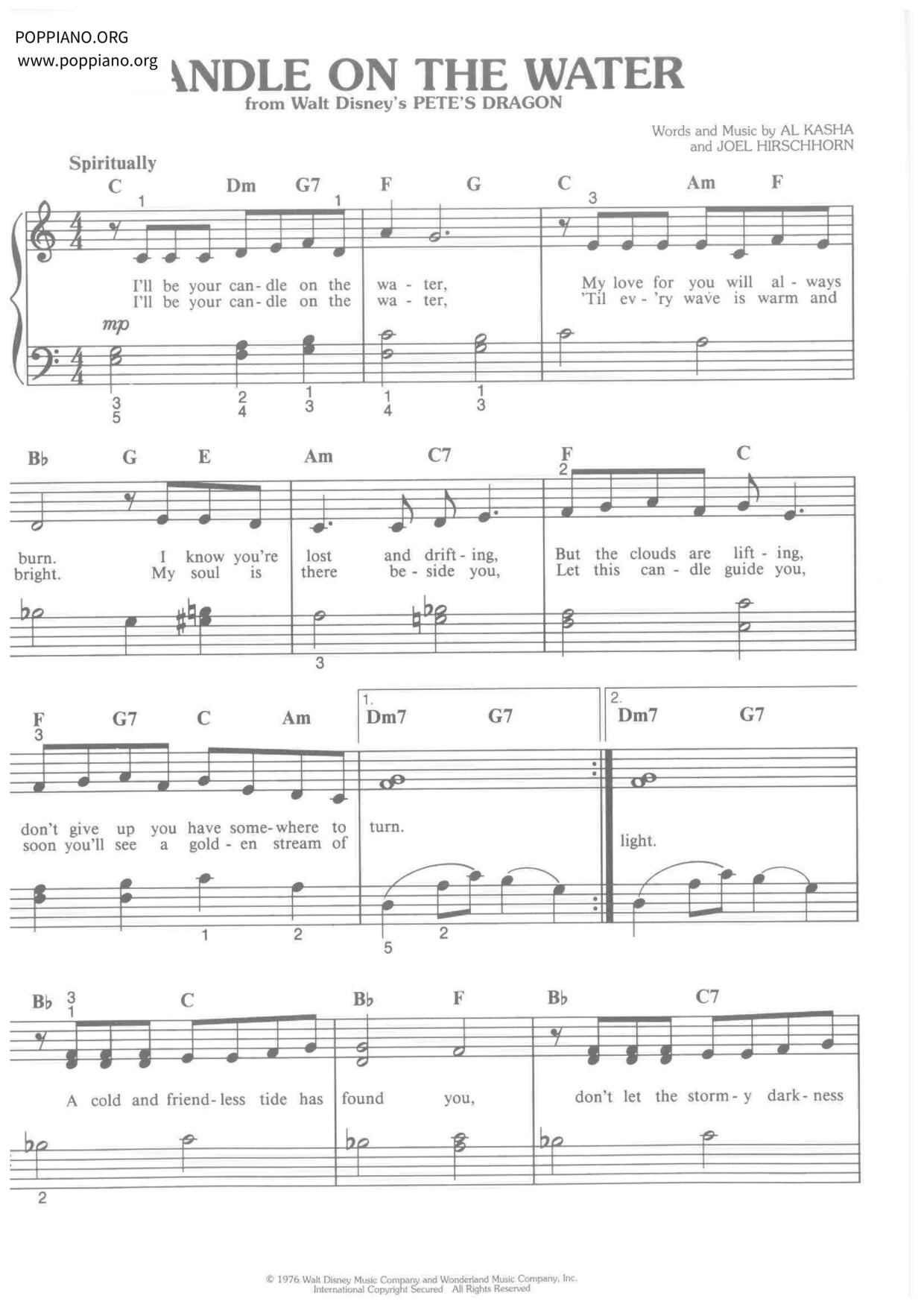 Sleepy World-Candle On The Water (From "Pete's Dragon") Sheet Music pdf ...