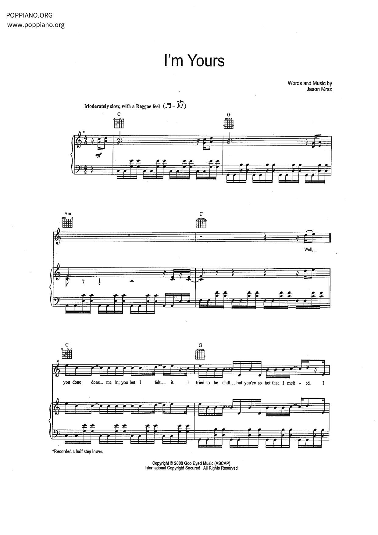 Jason Mraz-I'm Yours 琴谱/五线谱pdf-アイム・ユアーズ 楽譜-POPPIANO.ORG琴谱下载 ★