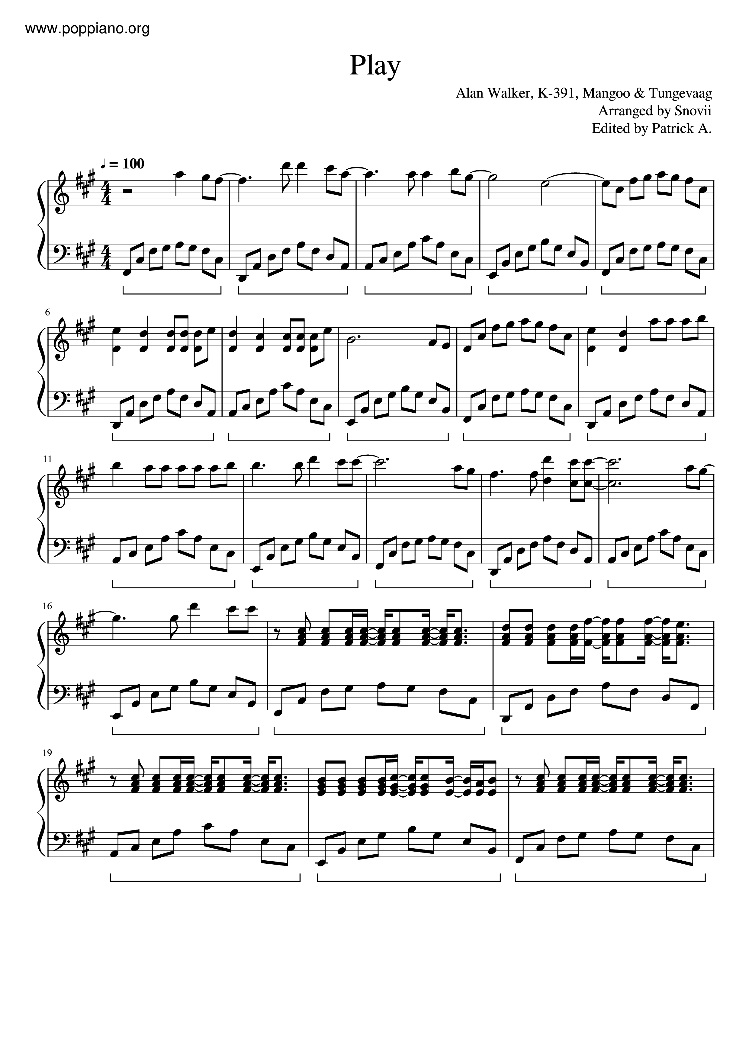 Alan Walker-Play Sheet Music pdf, -プレイ 악보 - Free Score Download ★