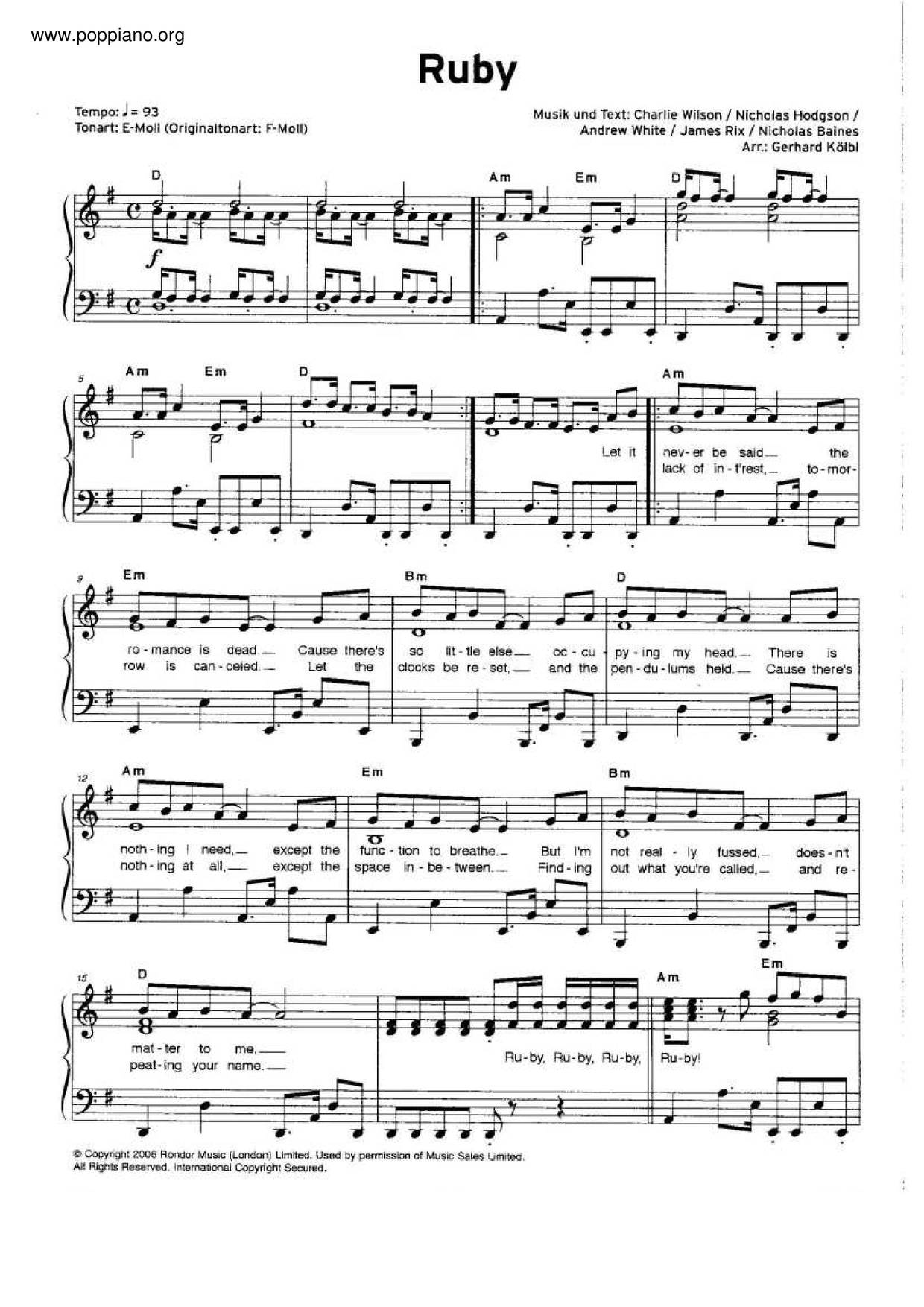 Kaiser Chiefs-Ruby Sheet Music pdf, -ルビー 악보 - Free Score Download ★