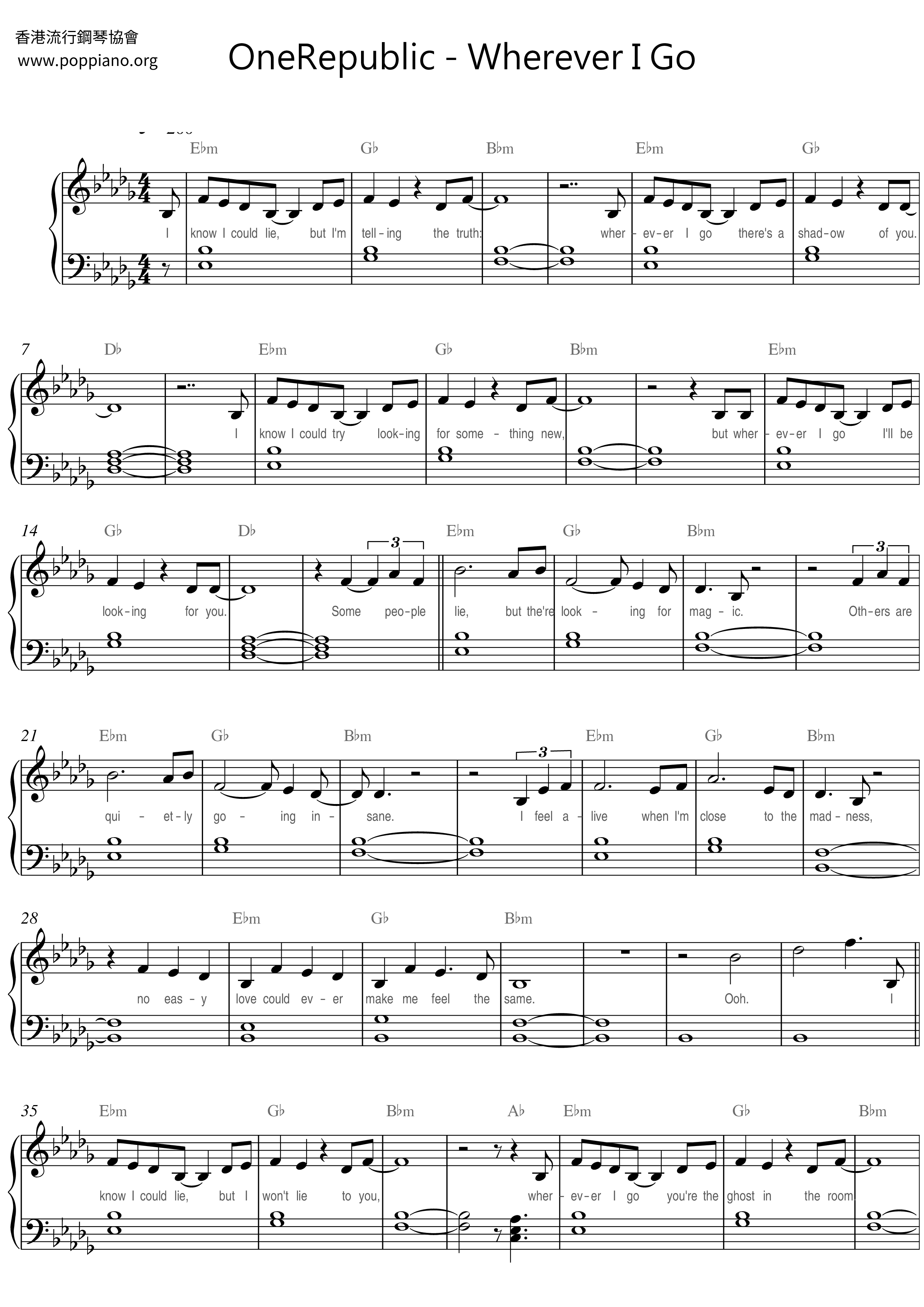 OneRepublic-Wherever I Go Sheet Music pdf, - Free Score Download ★