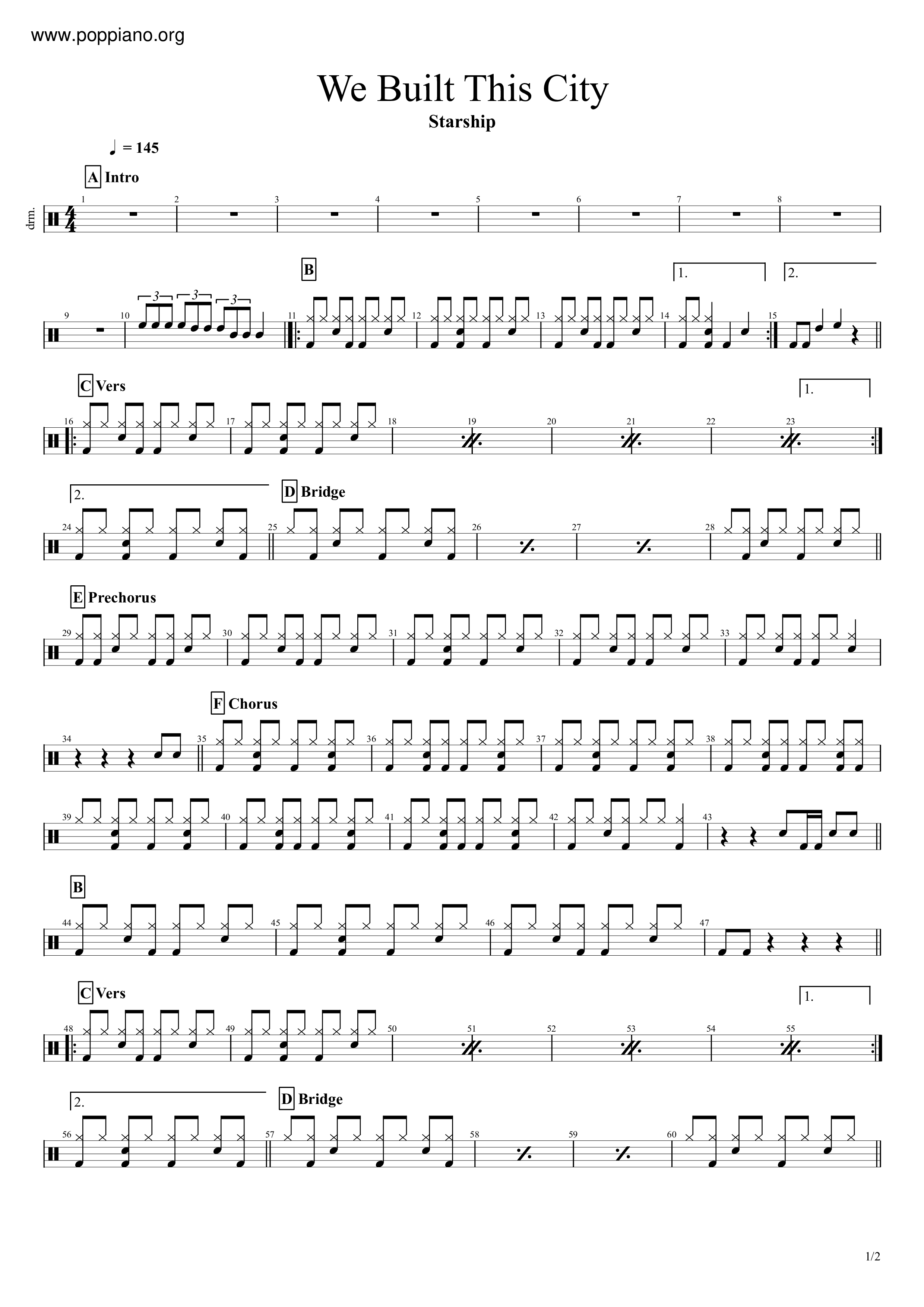 Starship-We Built This City Drum Tab pdf, -ウィ・ビルト・ディス・シティ 악보 - Free ...