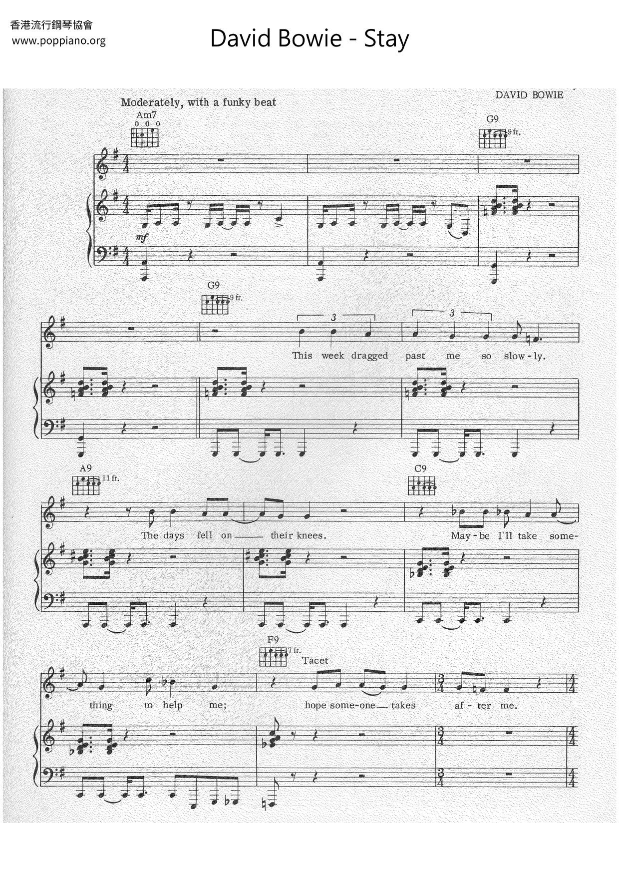 David Bowie-Stay Sheet Music pdf, -ステイ 악보 - Free Score Download ★
