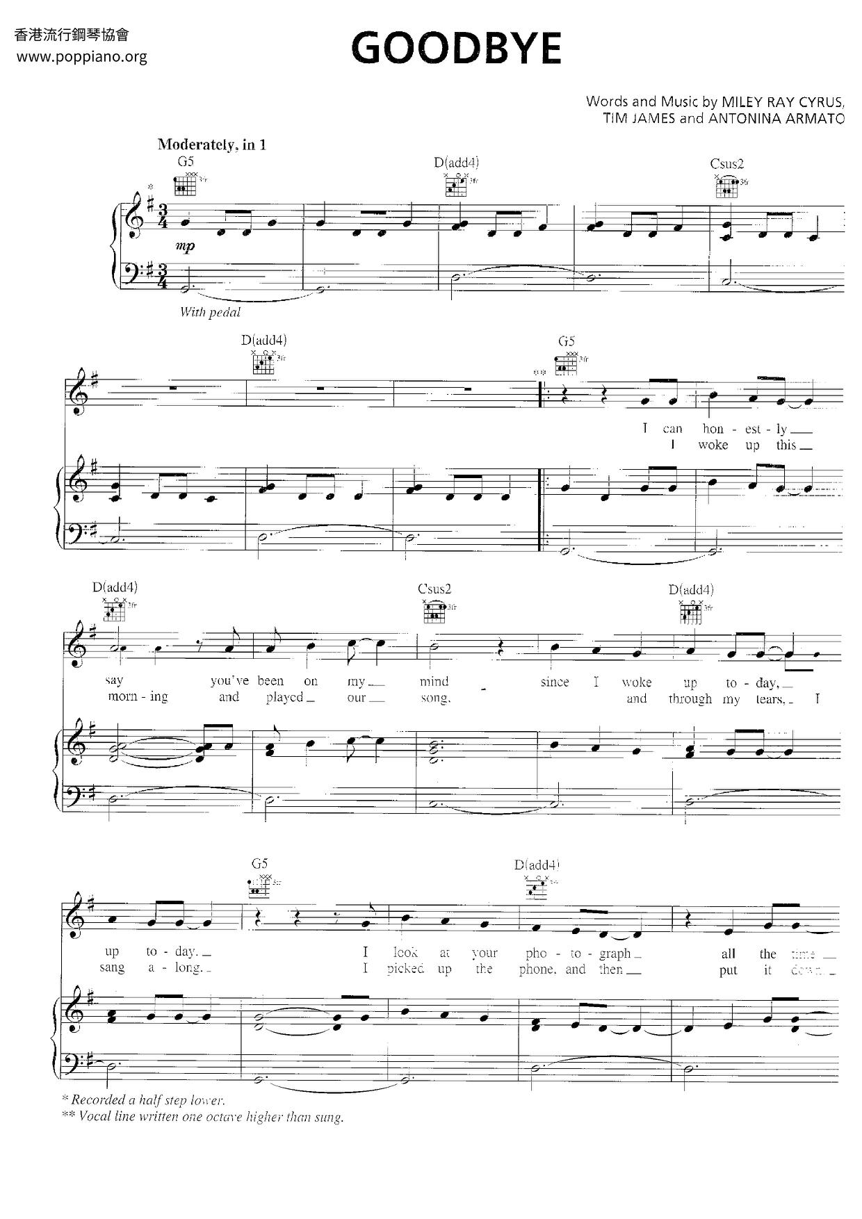 Miley Cyrus-Goodbye Sheet Music pdf, -グッバイ 악보 - Free Score Download ★