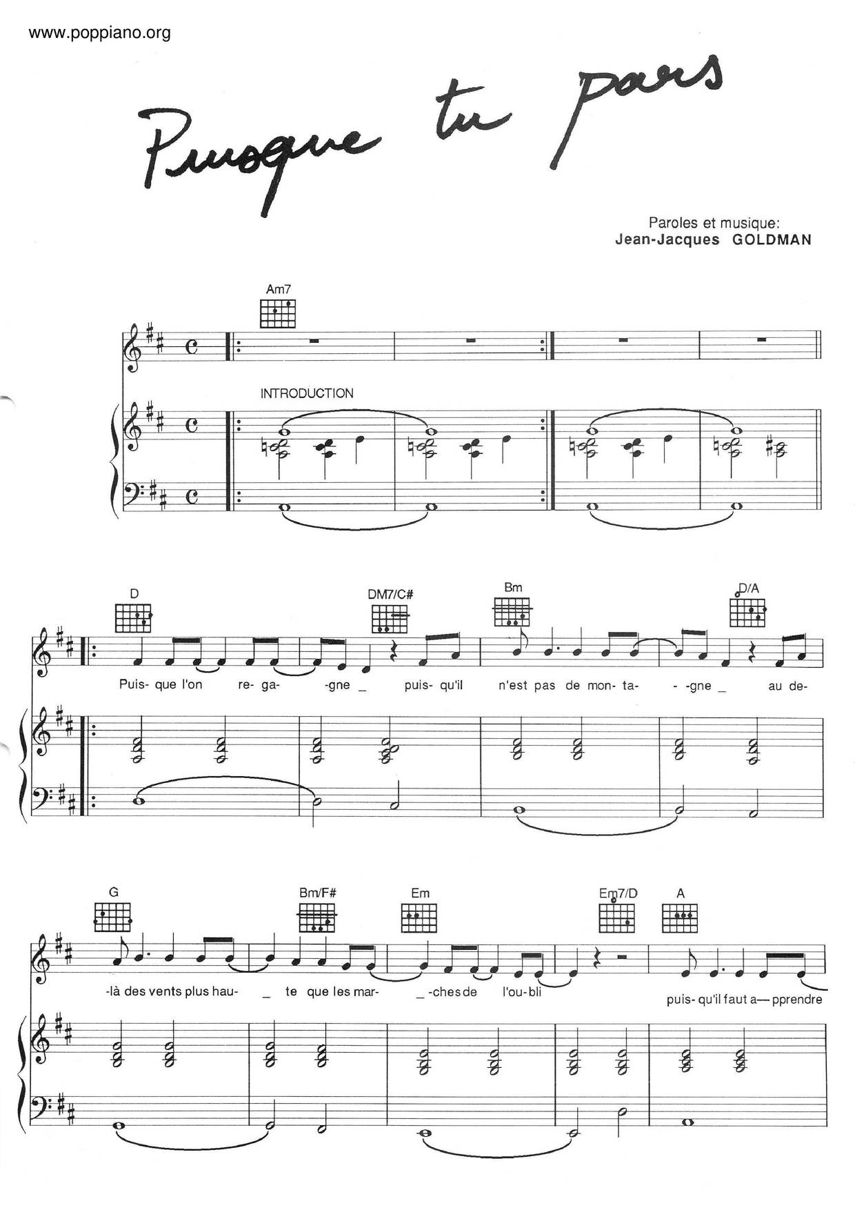 Jean-Jacques Goldman-Puisque Tu Pars Sheet Music pdf, - Free Score ...