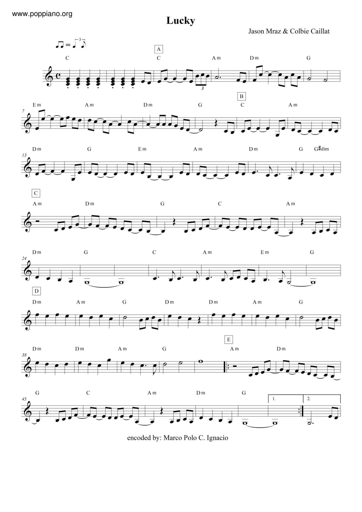 Bruno Mars-Lucky Violin Score pdf, - Free Score Download ★
