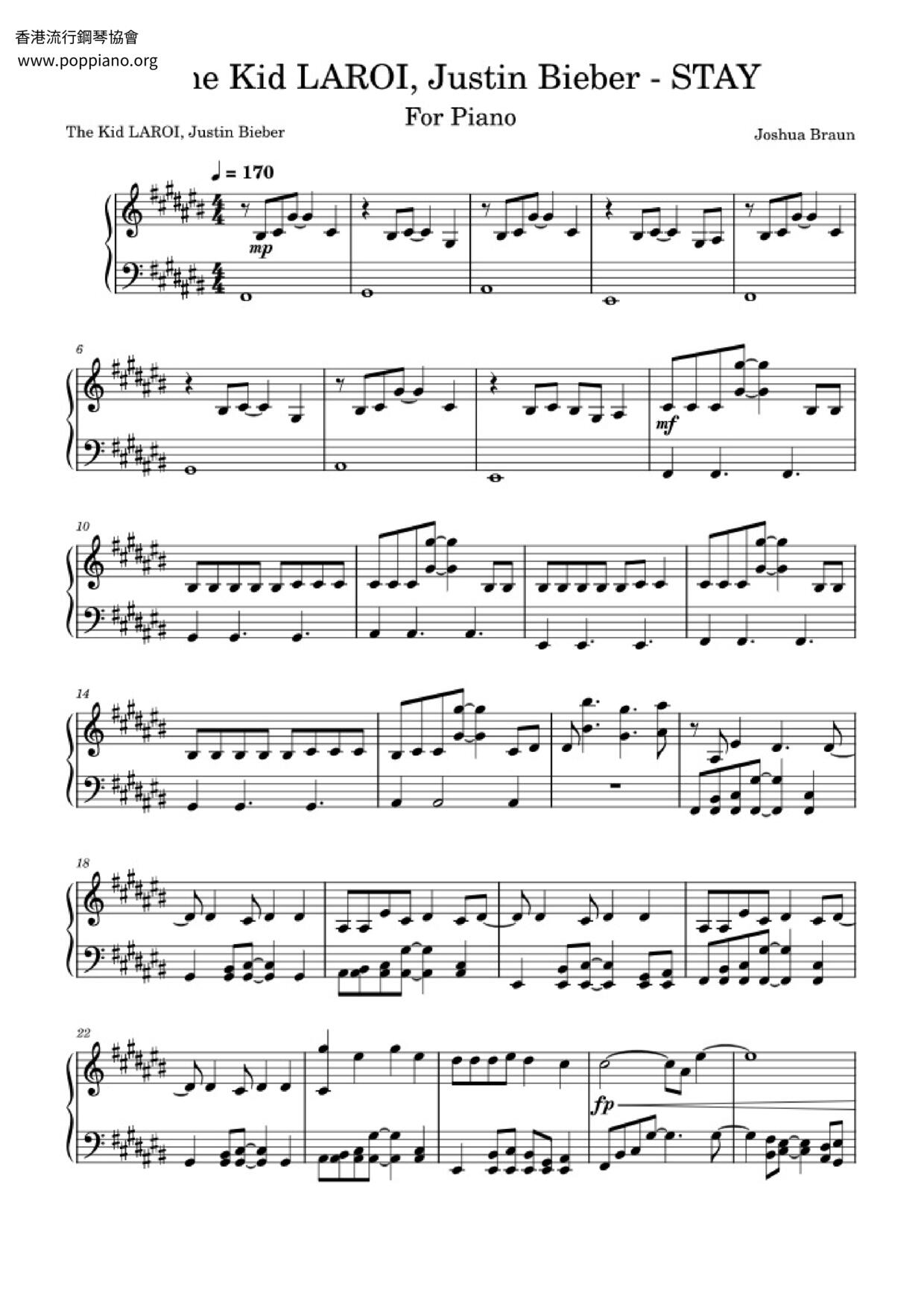 Justin Bieber-Stay Sheet Music pdf, -ステイ 악보 - Free Score Download ★