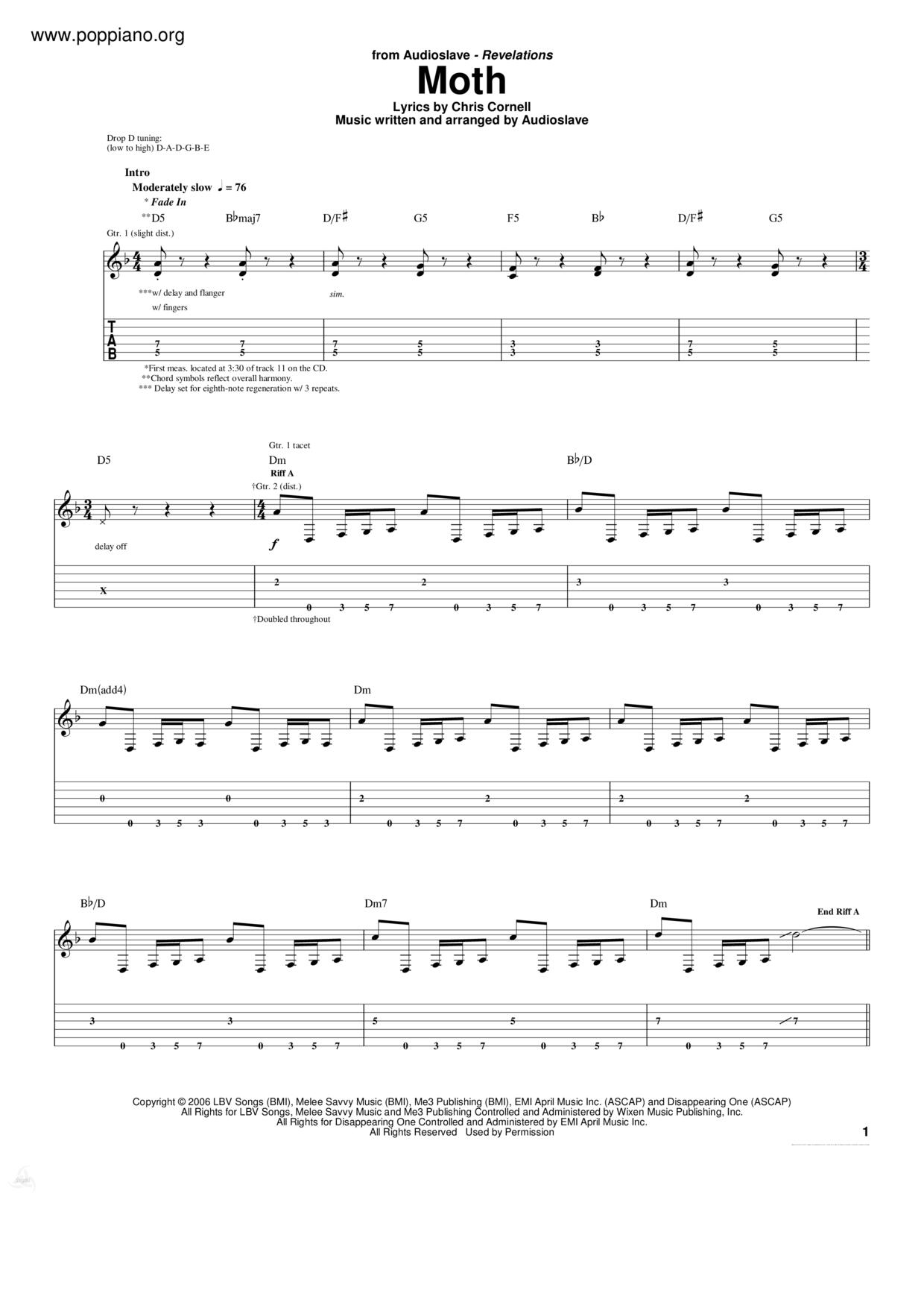 Audioslave-Moth Sheet Music pdf, -モス 악보 - Free Score Download ★