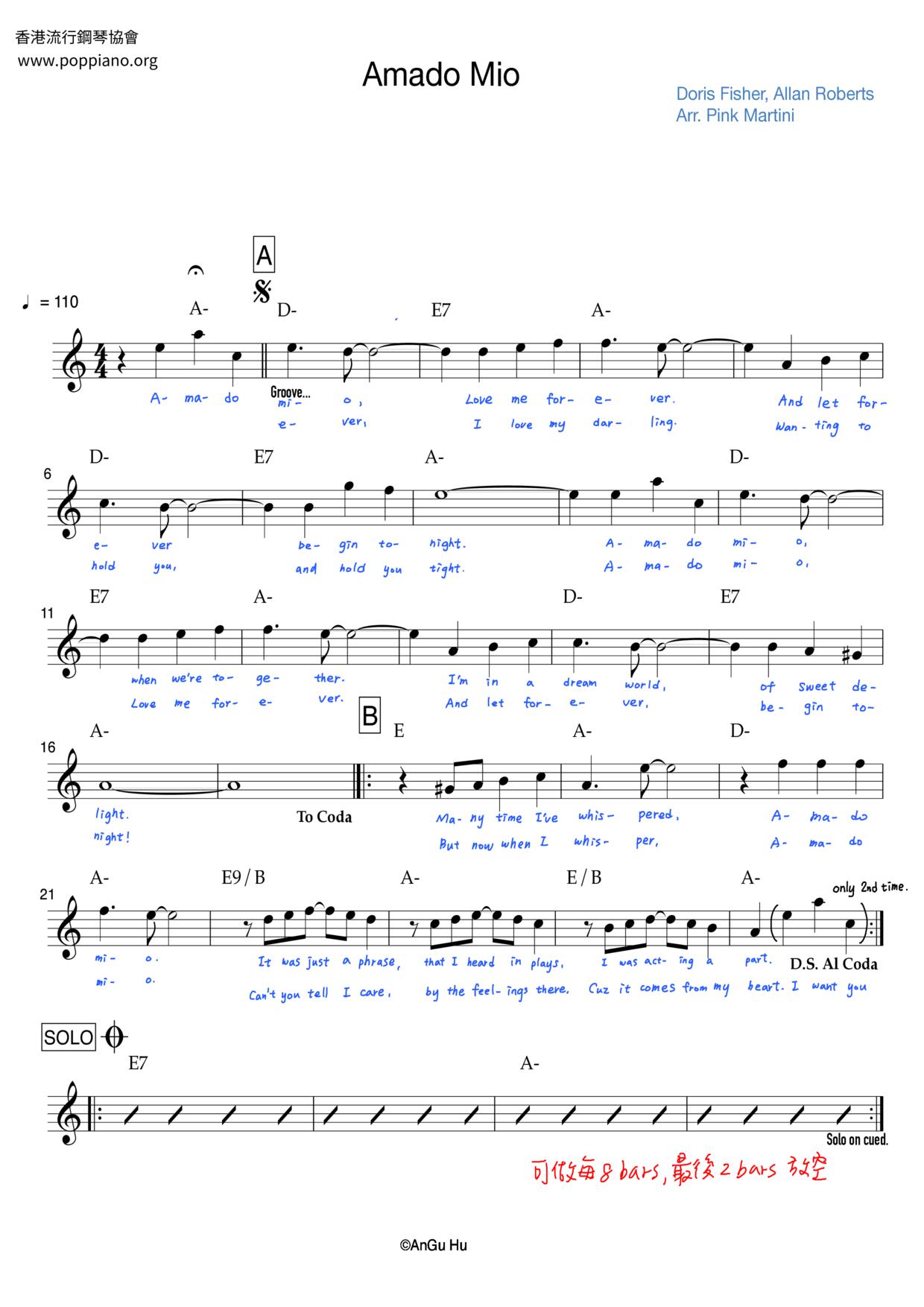 Pink Martini-Amado Mio Violin Score pdf, - Free Score Download ★